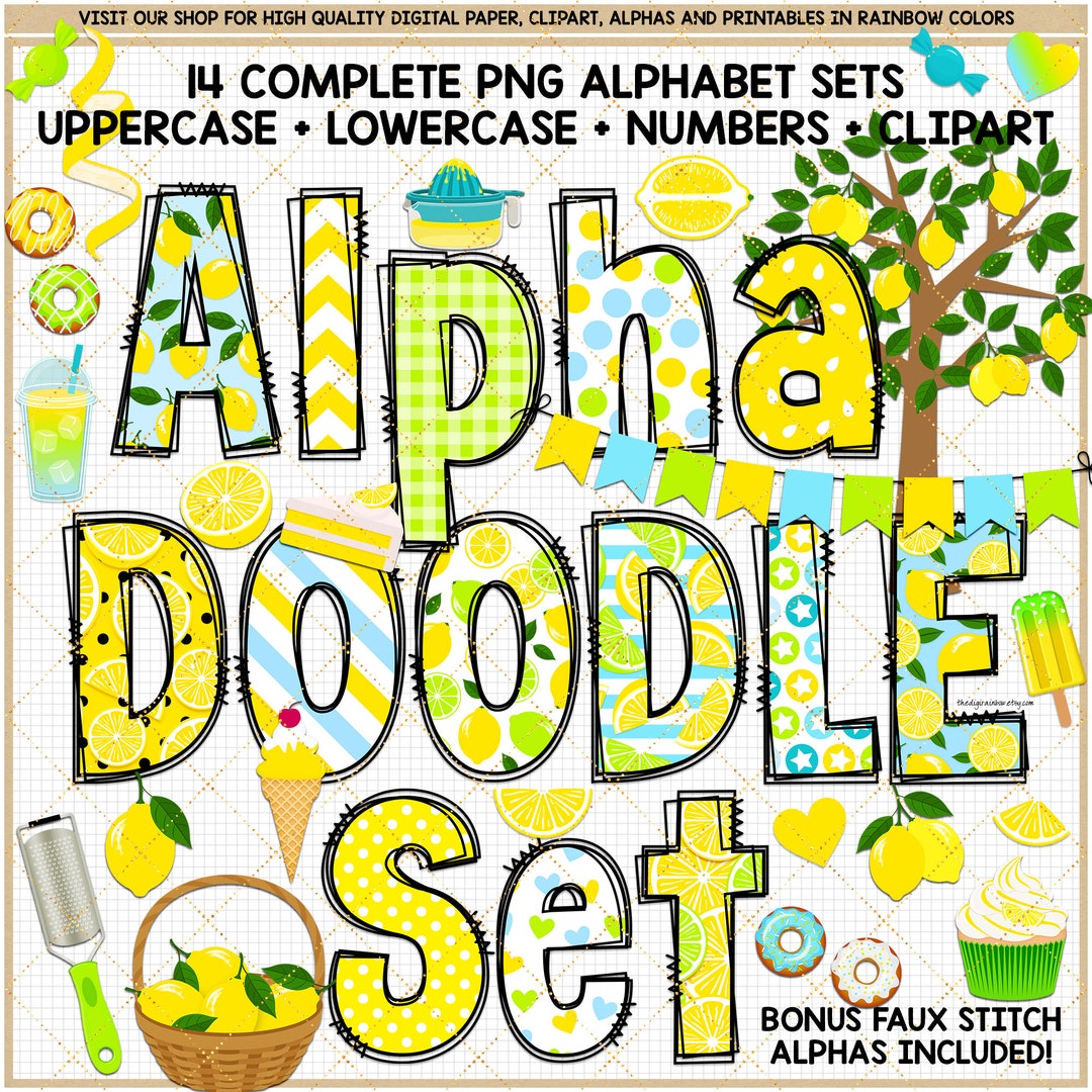 Lemonade Doodle Alphabet PNG Summer Alpha Letter Bundle Lemon Pattern ...