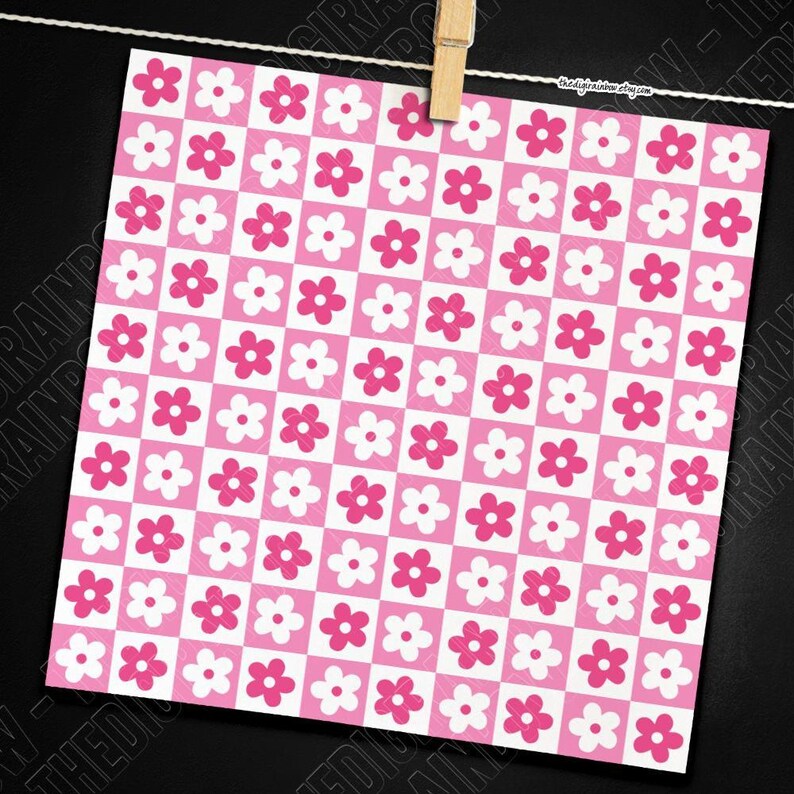 100 Seamless Groovy Checkerboard Digital Paper Daisy Floral Checker ...