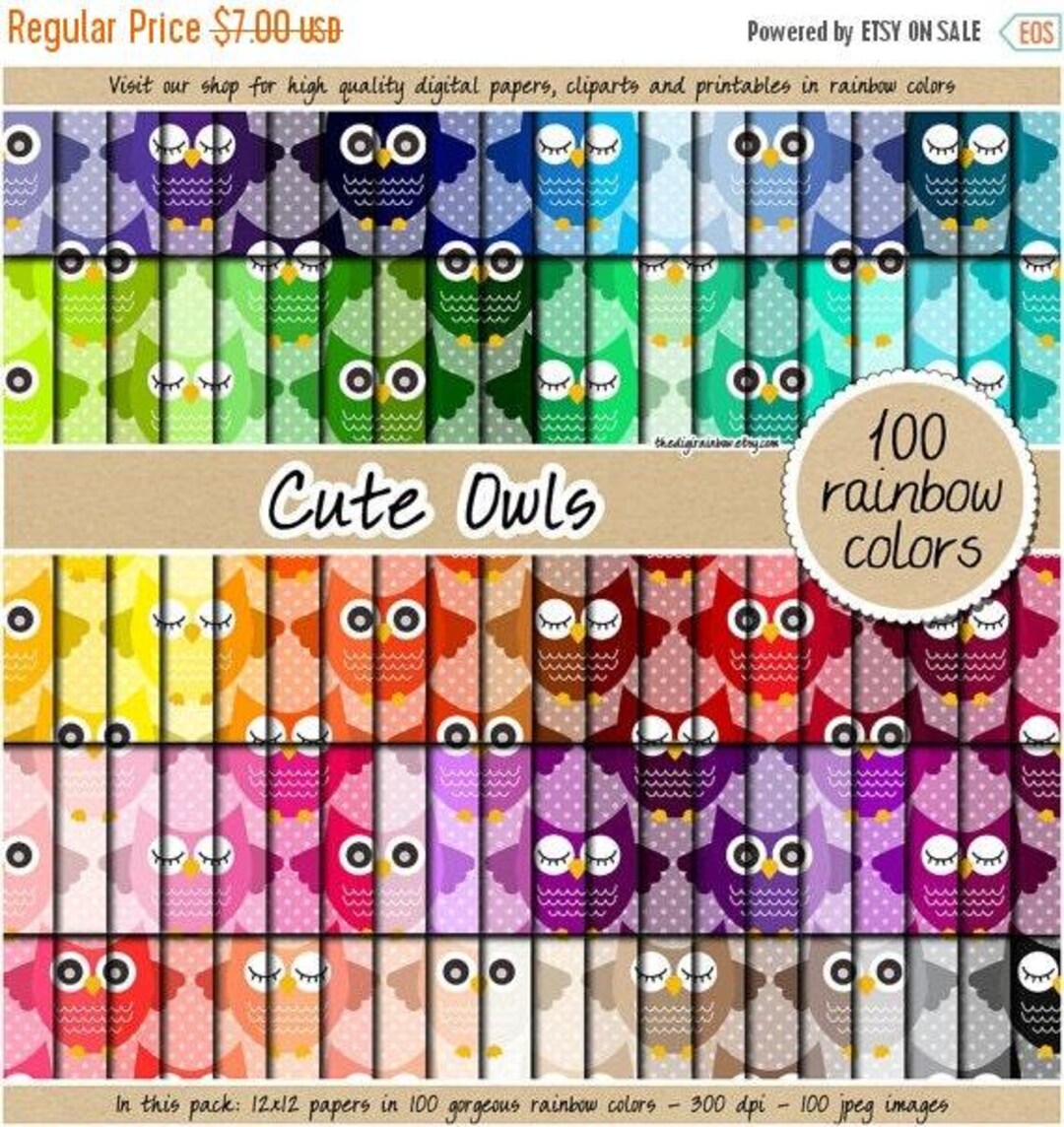 100 Owl Digital Paper Owl Printable Pattern Rainbow Digital Paper Bird ...