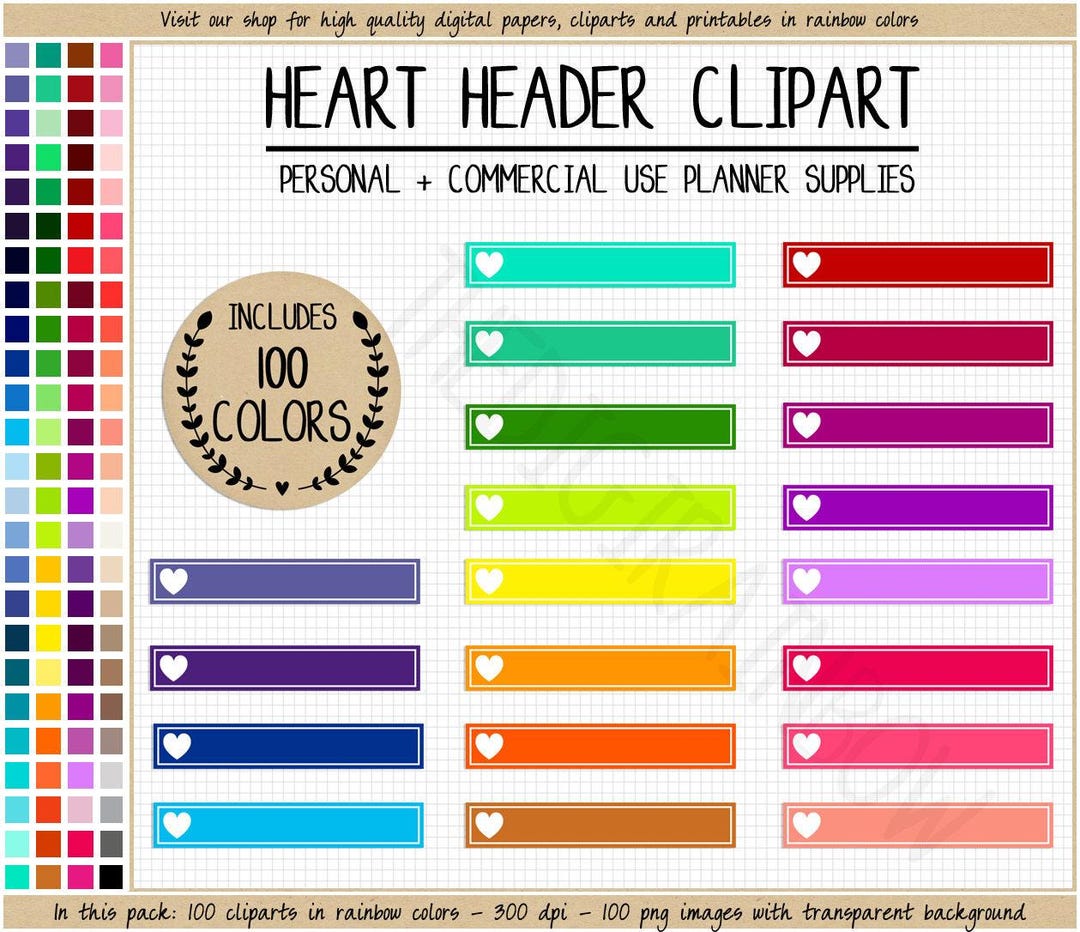 SALE 100 HEART HEADER Planner Stickers Rainbow Header Clipart Heart ...