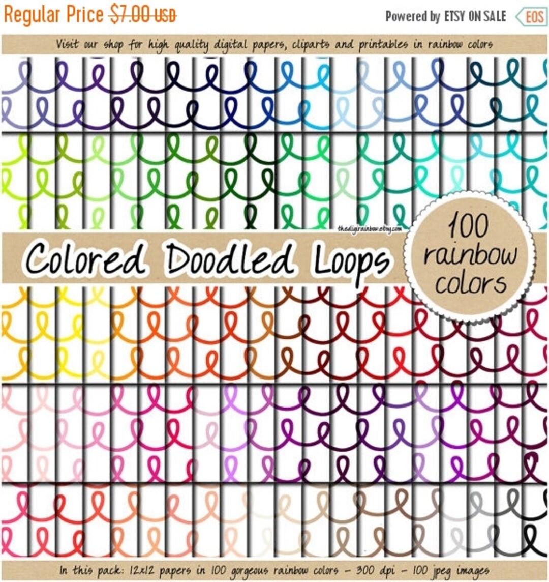100 Rainbow Doodle Loops Digital Paper Colored Digital Paper Doodled ...