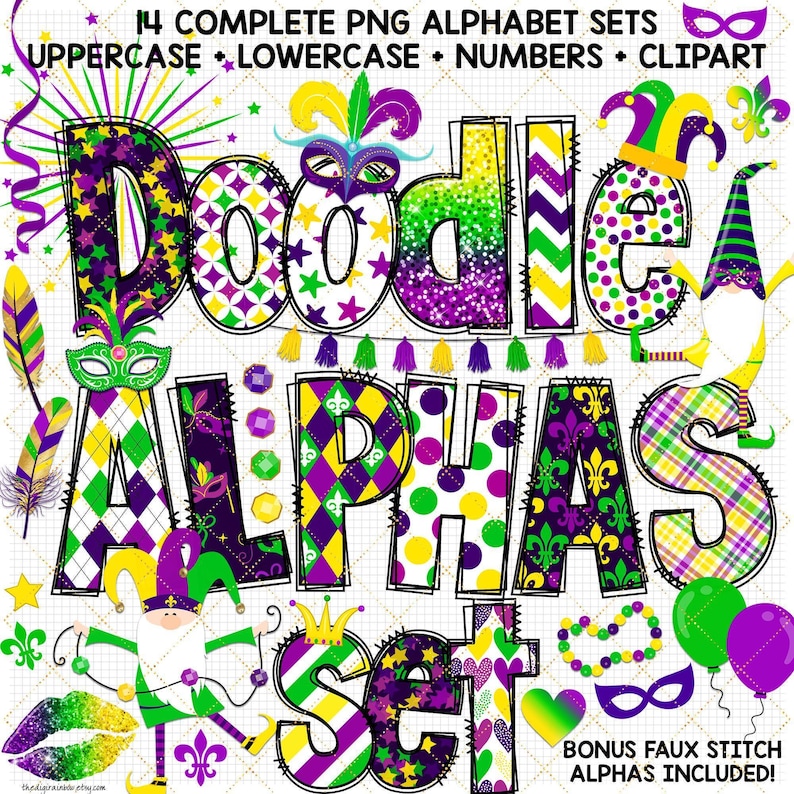 Mardi Gras Alphabet Clipart Fleur De Lis Letters Carnival Masquerade ...