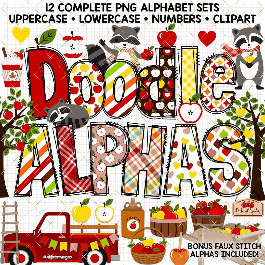 Apple Doodle Alphabet Bundle Fall PNG Font School Teacher Stitch Alpha ...