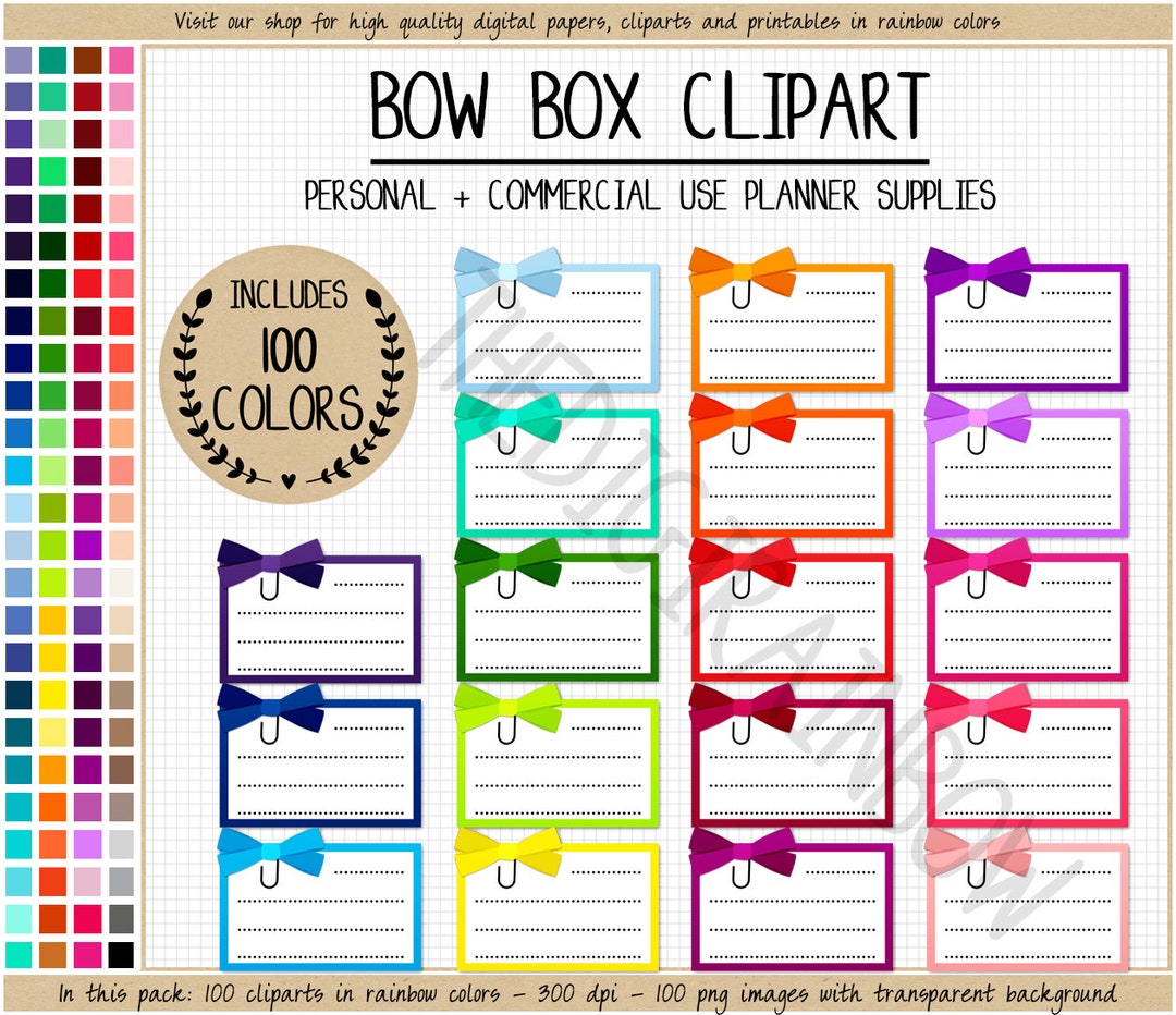SALE 100 Bow Box Clipart Bow Digital Planner Sticker Rainbow Sticker ...