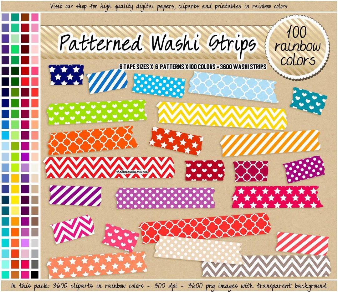 3600 Patterned Washi Tape Strips Digital Washi Tape Clipart Rainbow ...