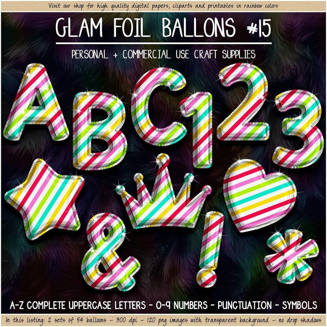 STRIPE Foil Balloon Alphabet Clipart Girl Birthday Balloon Font Rainbow ...