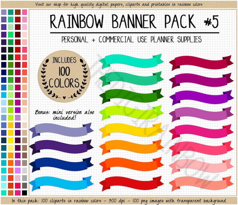 SALE 100 Rainbow Banner Clipart Banner Sticker Printable Banner Bright ...