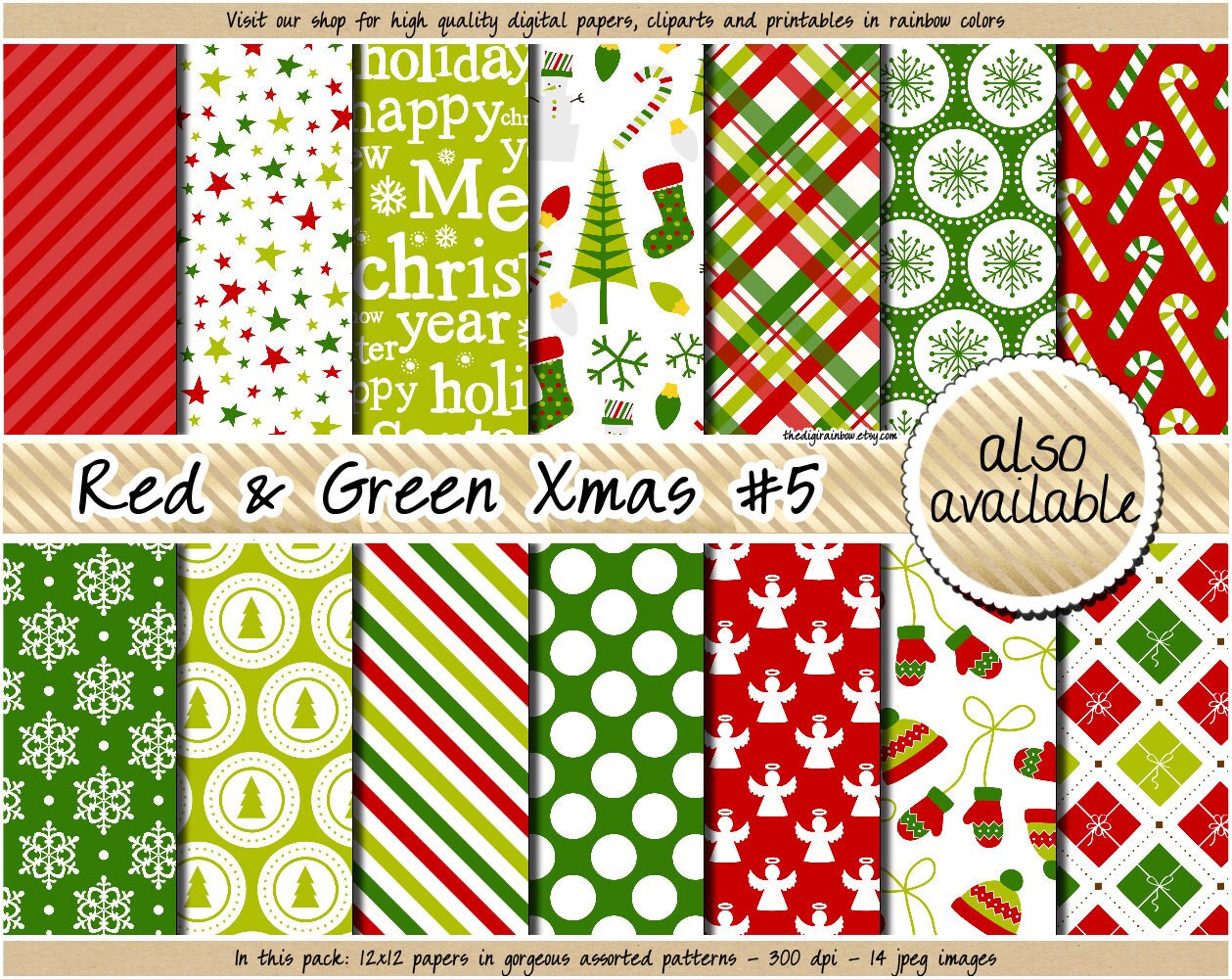 SALE Christmas Digital Paper Red and Green Christmas Digital | Etsy