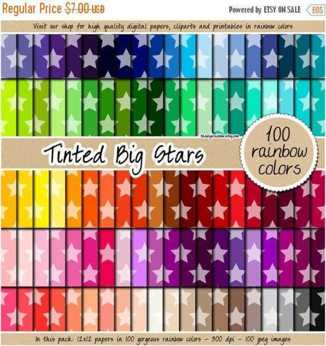 100 Tinted Star Digital Paper 4th of July Clipart Printable Rainbow ...