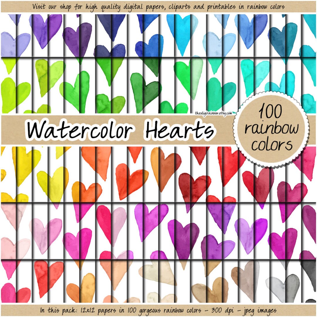 100 SEAMLESS Watercolor Heart Digital Paper Hand Painted Texture ...