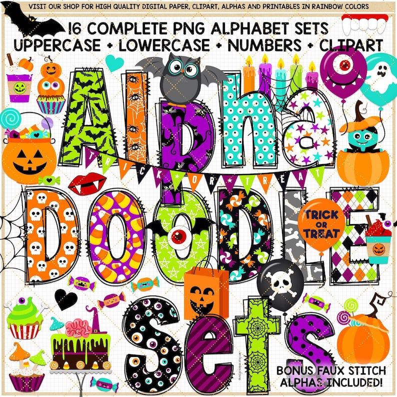 Halloween Doodle Alphabet PNG Font Spooky Pumpkin Lantern Vampire Ghost ...