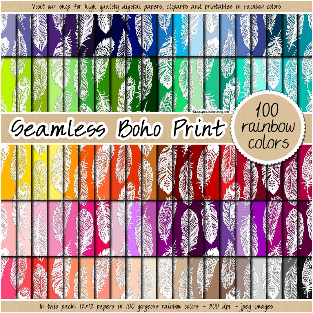 100 SEAMLESS Boho Chic Digital Paper Rainbow Feather Pattern Native ...