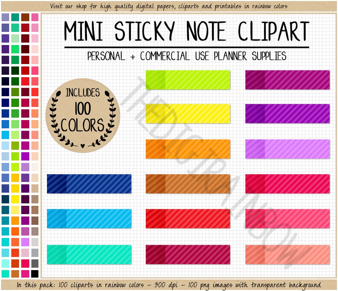 SALE 100 Sticky Note Digital Sticker Mini Post It Note Clipart Rainbow ...