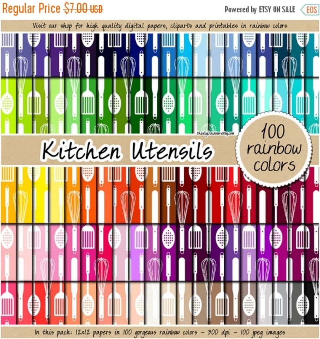 100 Kitchen Digital Paper Utensils Kitchenware Digital Paper Rainbow ...