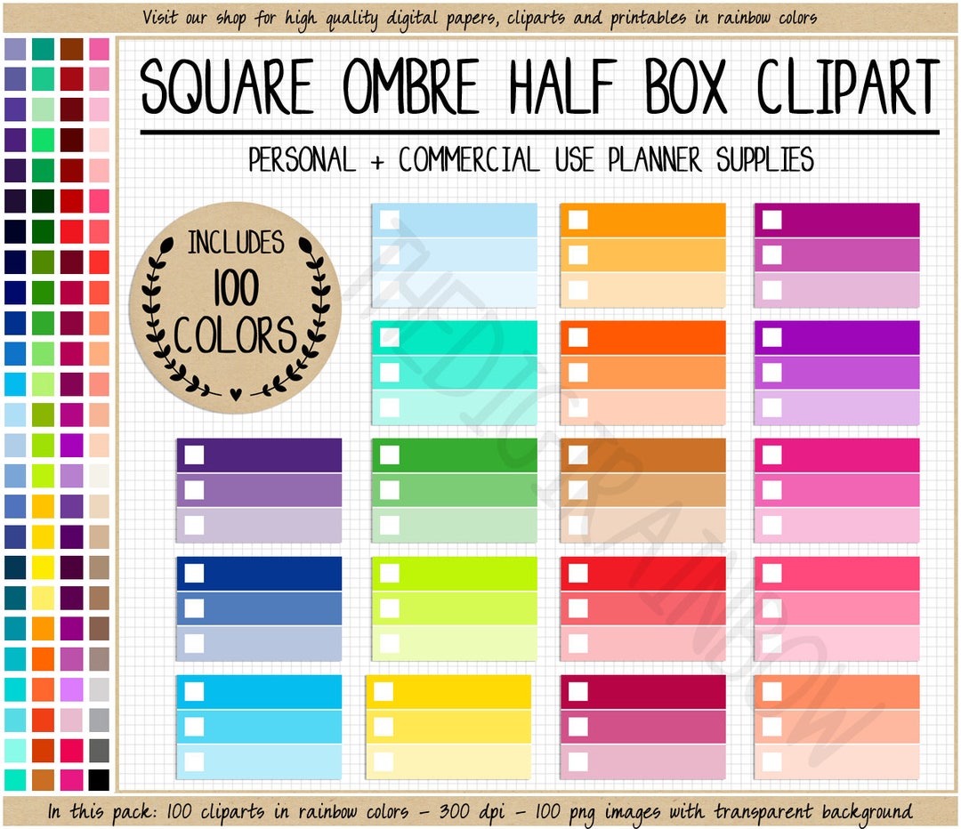 SALE 100 Ombre Half Box Clipart Ombre Checklist Sticker Rainbow Half ...
