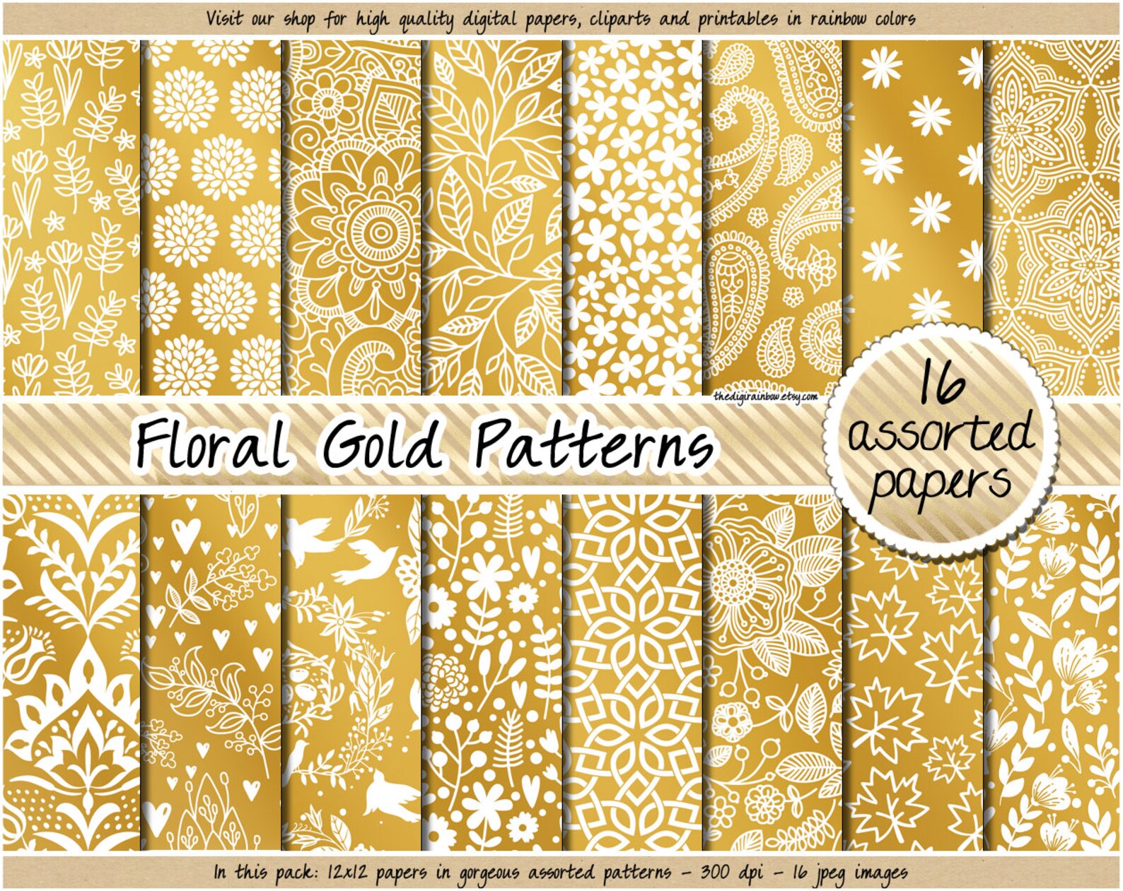 SALE gold digital paper golden digital paper gold flower print | Etsy