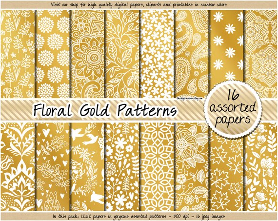 SALE Gold Digital Paper Golden Digital Paper Gold Flower Print | Etsy