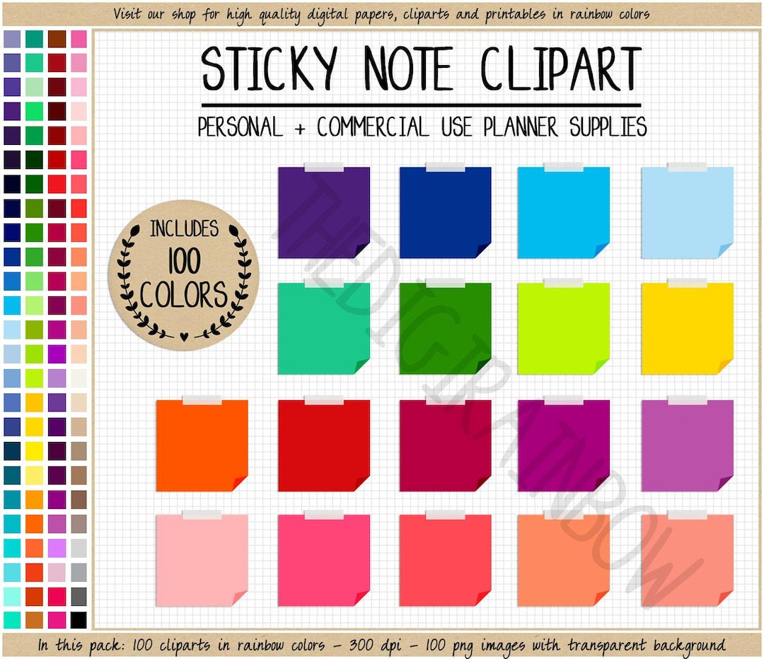 SALE 100 Sticky Note Digital Sticker Square Tapped Note Clipart Rainbow ...