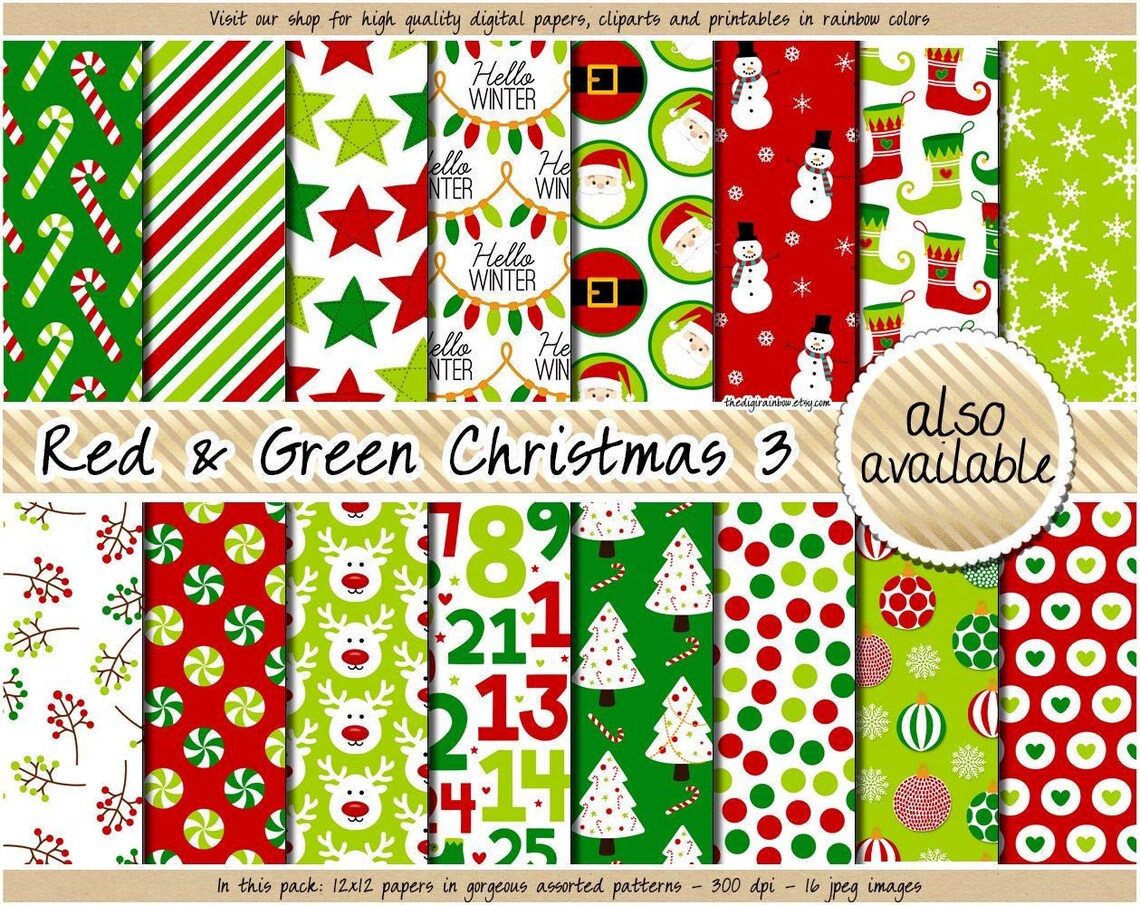 SALE Christmas Digital Paper Red and Green Christmas Digital Paper ...