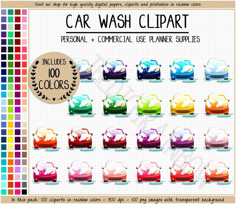 SALE 100 CAR WASH Clipart Car Planner Stickers Pastel Clipart Bright ...