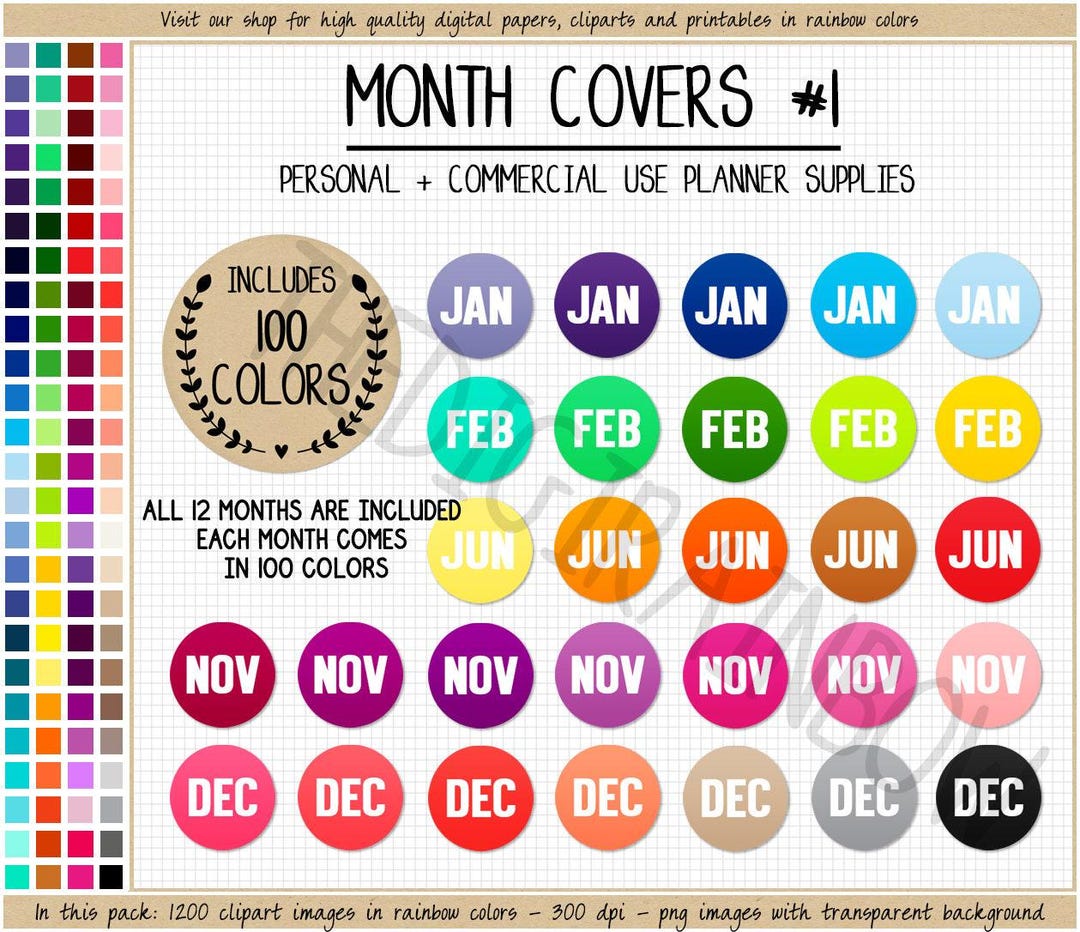 BUNDLE 1200 MONTH Mini Date Covers January December Rainbow Printable ...