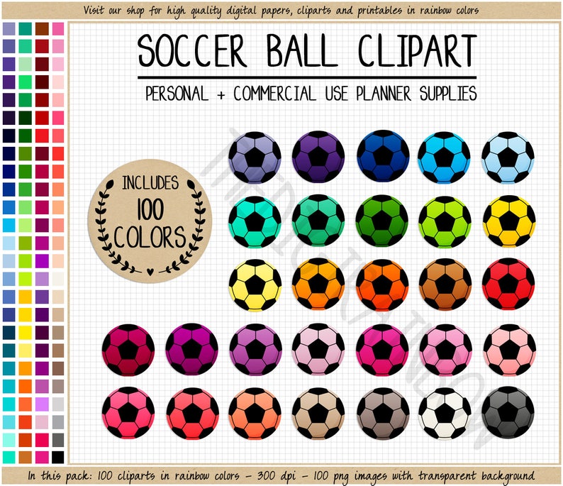 SALE 100 SOCCER BALL Clipart Rainbow Soccer Stickers Sports Printable ...