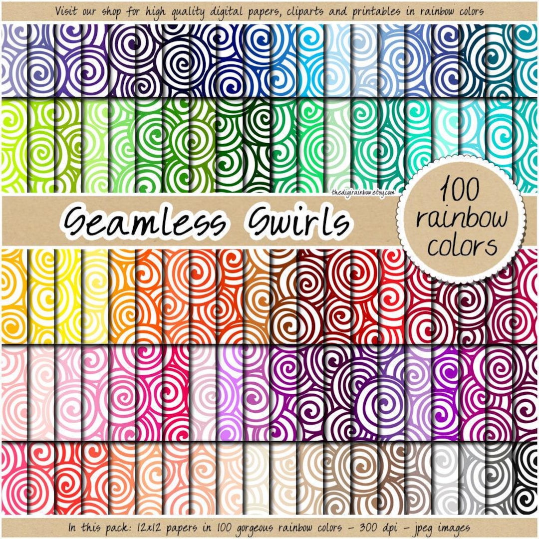 100 SEAMLESS Swirl Digital Paper Hand Drawn Doodle Pattern Rainbow ...