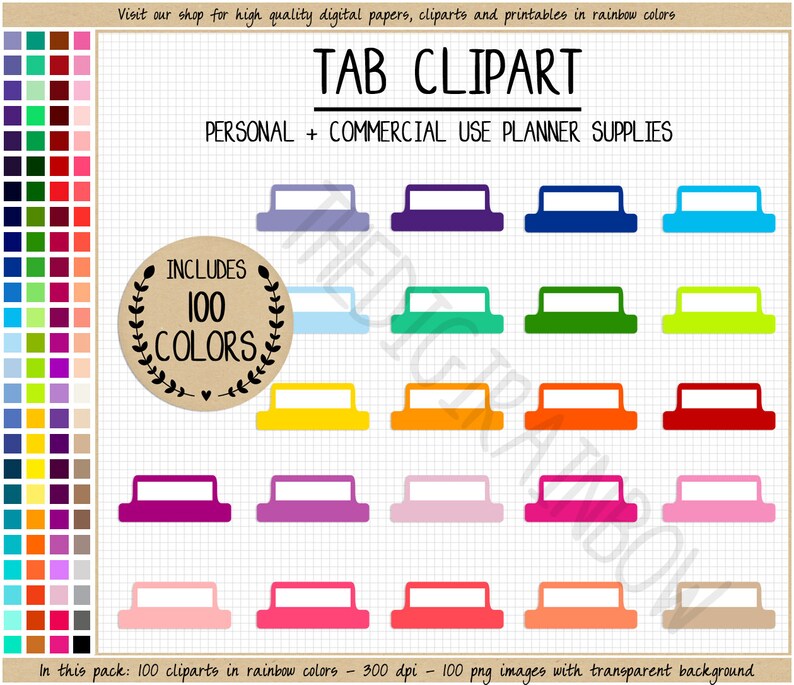 SALE 100 TAB Clipart Rainbow Tab Stickers Printable Planner Divider ...