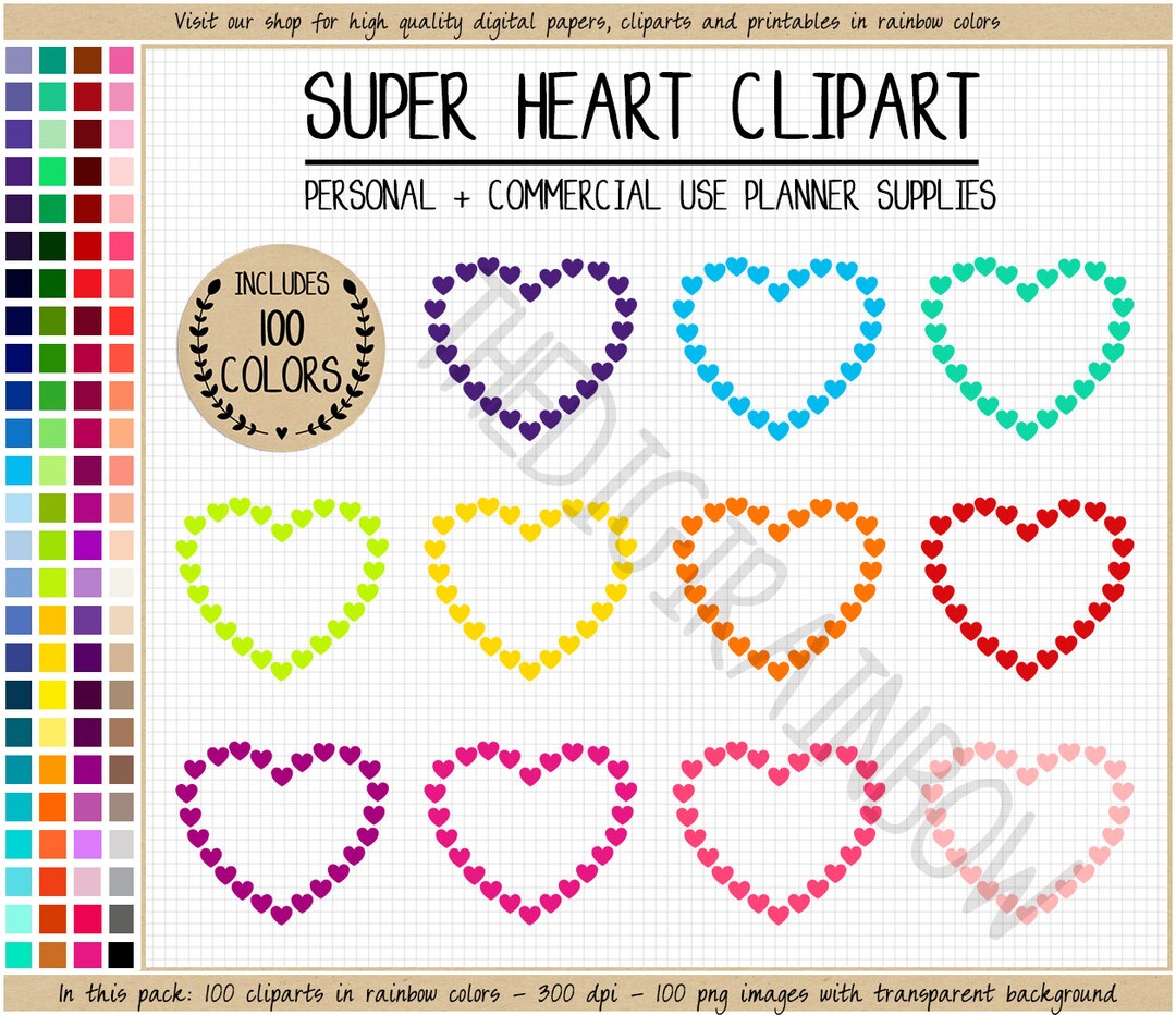 SALE 100 HEART FRAME Clipart Rainbow Heart Shaped Digital Planner Box ...