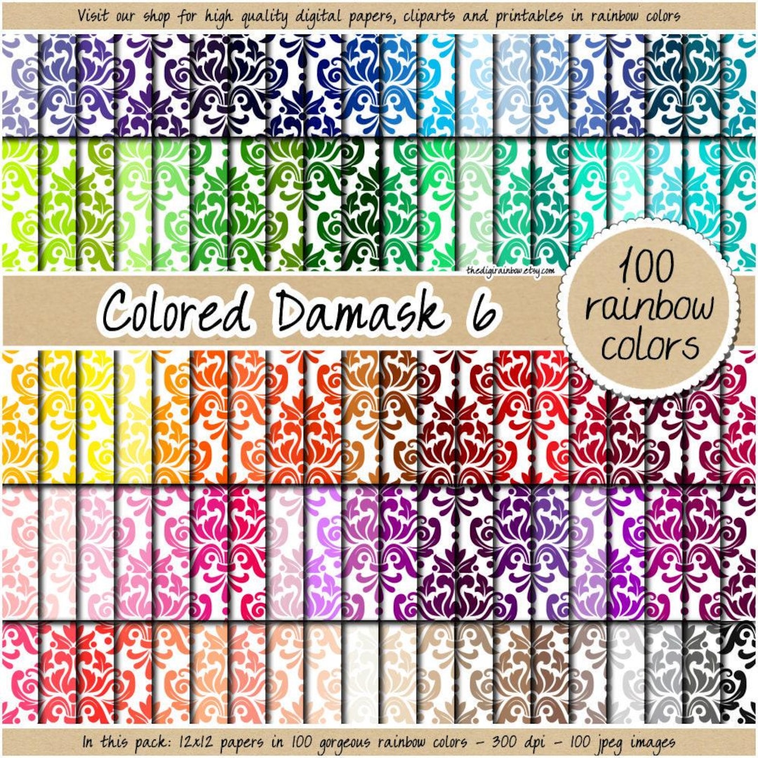 100 Rainbow Damask Digital Paper Seamless Damask Pattern Printable ...