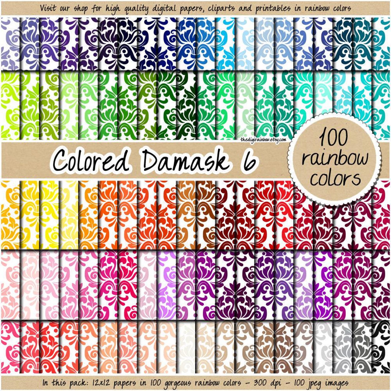 100 Rainbow Damask Digital Paper Seamless Damask Pattern Printable ...