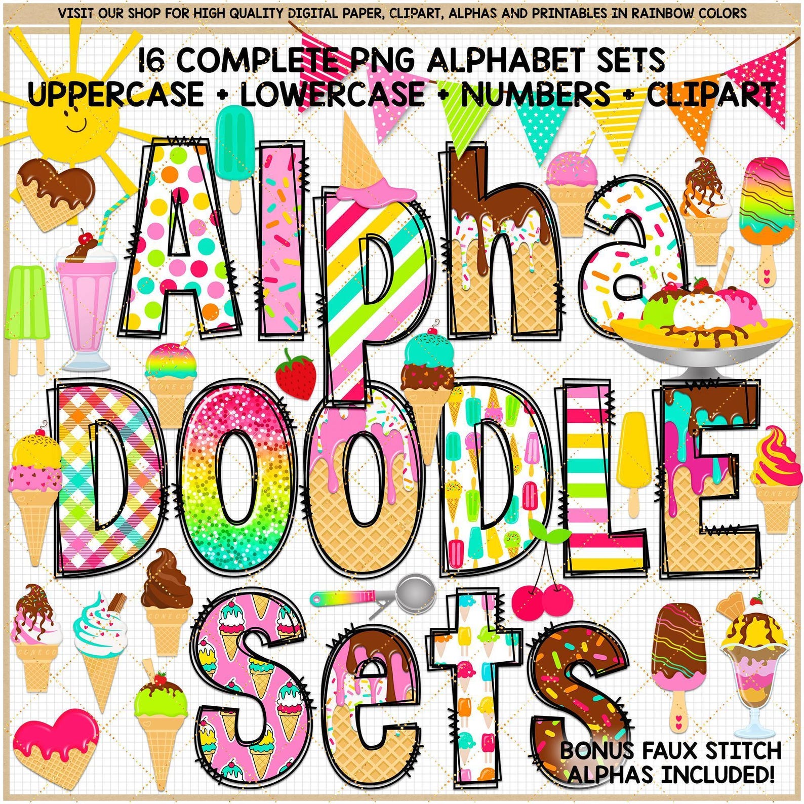 Ice Cream Doodle Alphabet PNG Bundle Summer Sublimation Popsicle ...
