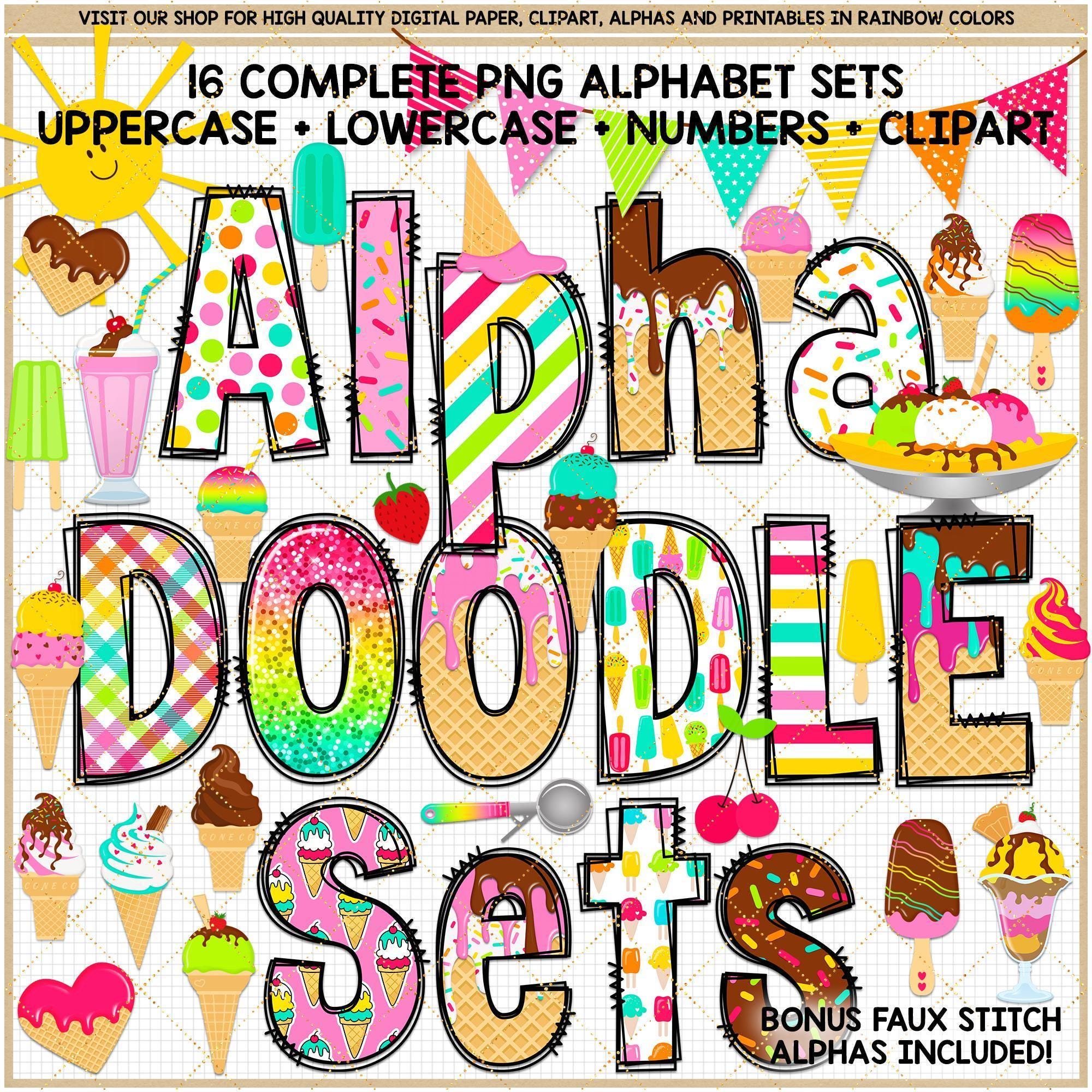 Ice Cream Doodle Alphabet PNG Bundle Summer Sublimation Popsicle ...