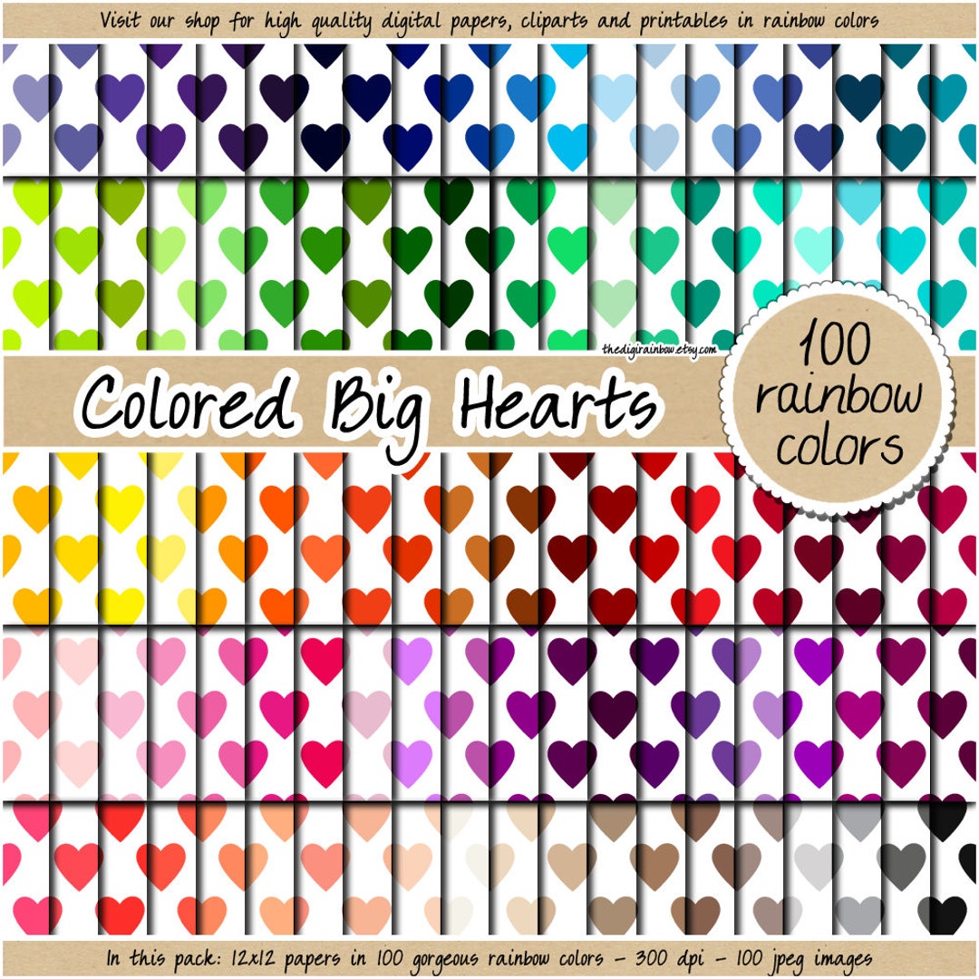 100 Rainbow Big Heart Digital Paper Seamless Valentine's Day Digital ...