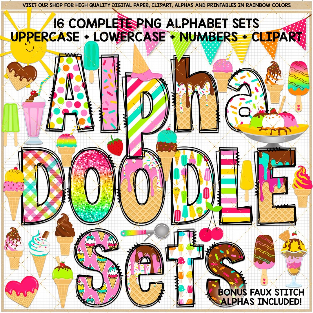 Ice Cream Doodle Alphabet PNG Bundle Summer Sublimation Popsicle ...
