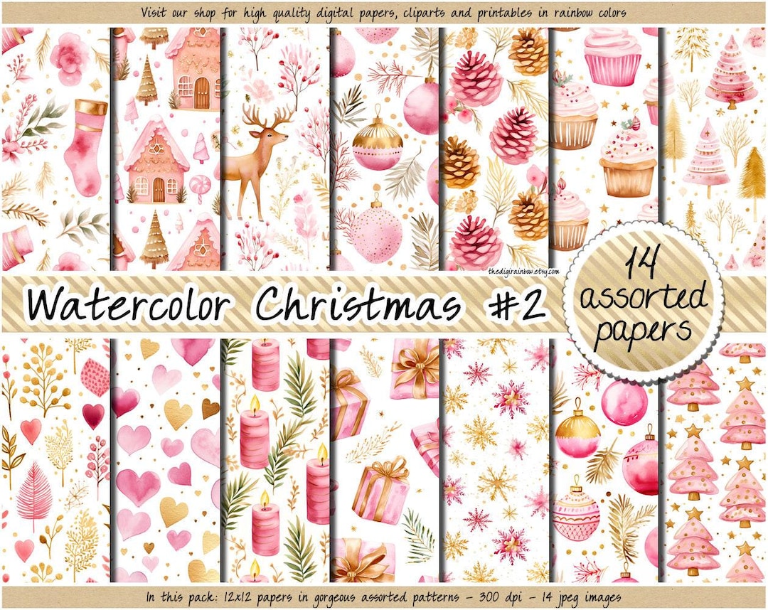 SEAMLESS Watercolor Christmas Digital Paper Gold Pink Noel Ephemera ...