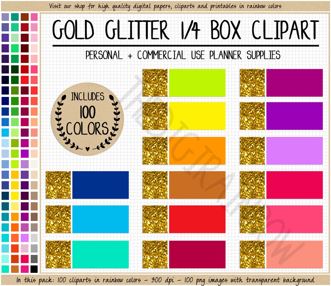 SALE 100 GLITTER Planner Clipart Glitter Quarter Box Sticker Rainbow ...