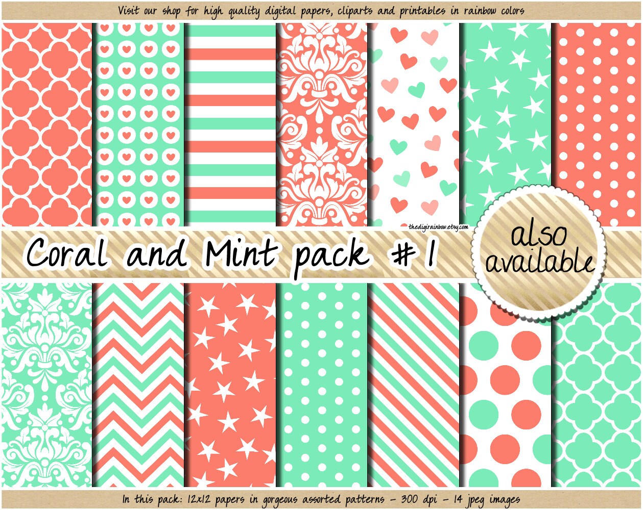 SALE Coral and Mint Digital Paper Nautical Digital Paper for - Etsy