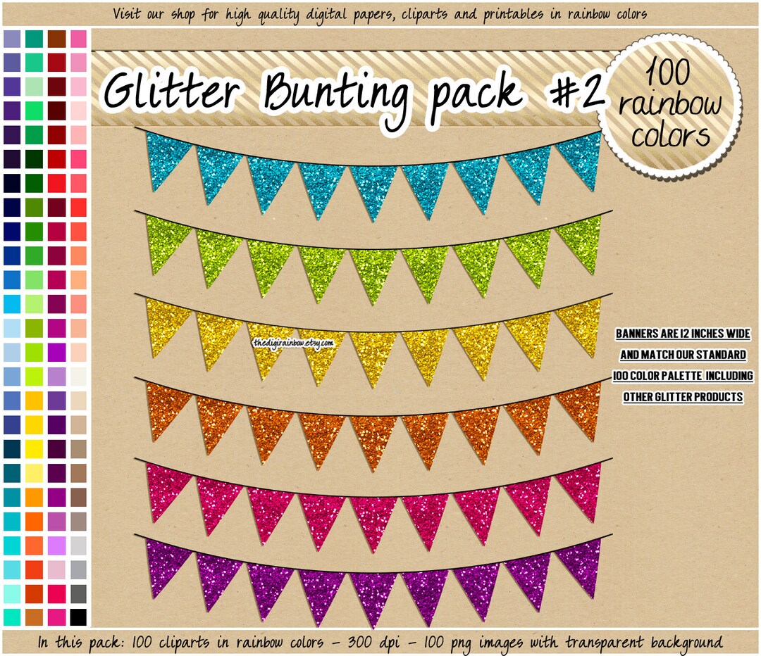 SALE 100 Glitter Banner Clipart Flag Clipart Glitter Bunting Clipart ...