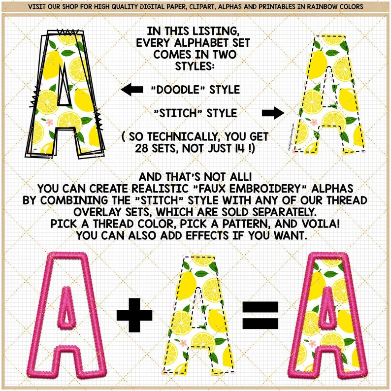 Pink Lemonade PNG Alphabet Doodle Lemon Font Faux Stitch Alpha Bundle ...