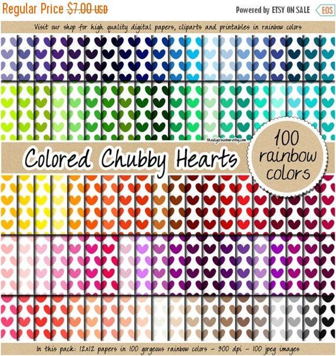 100 Colored Chubby Heart Digital Paper Rainbow Valentine's Day Digital ...