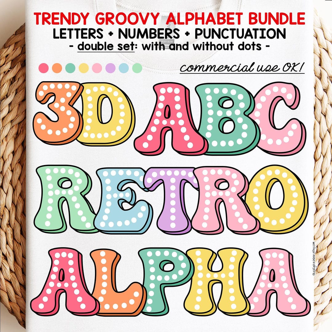 Groovy Alphabet PNG Bundle, Retro Font, Polka Dot Letters, Rainbow 3D ...