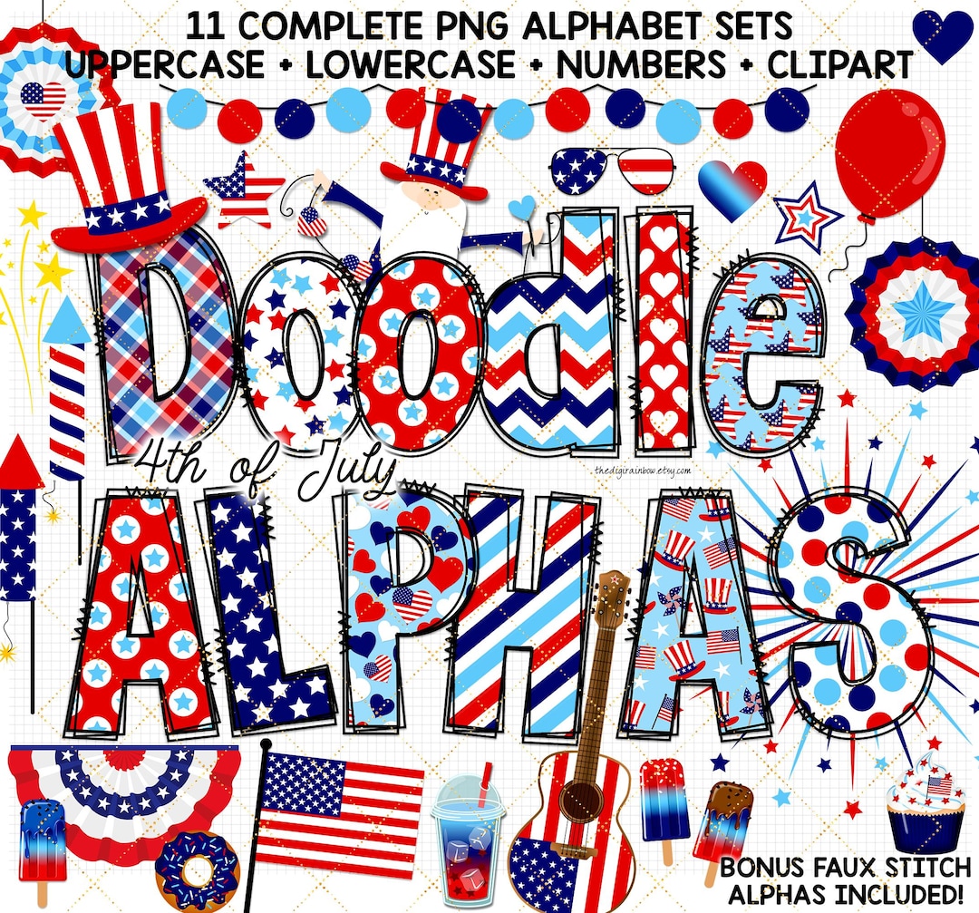 Patriotic Doodle Alphabet 4th of July PNG Font I Love USA Clipart Faux ...