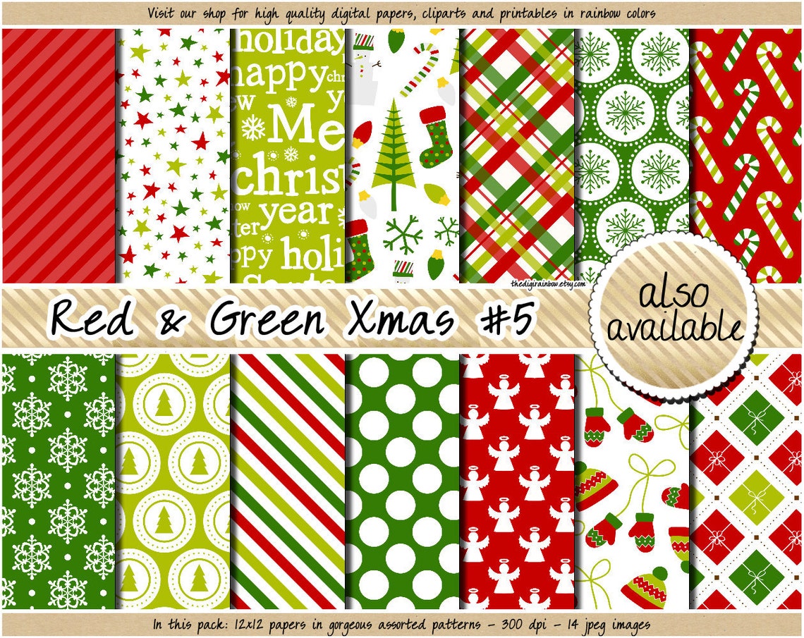 SALE Christmas Digital Paper Red and Green Christmas Digital - Etsy