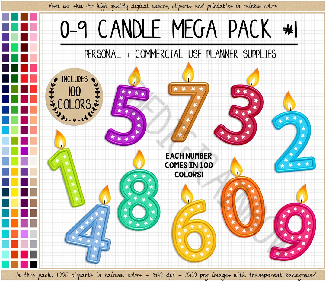 SALE 1000 Birthday Candle Numbers Clipart Rainbow Lit Candle Clipart ...