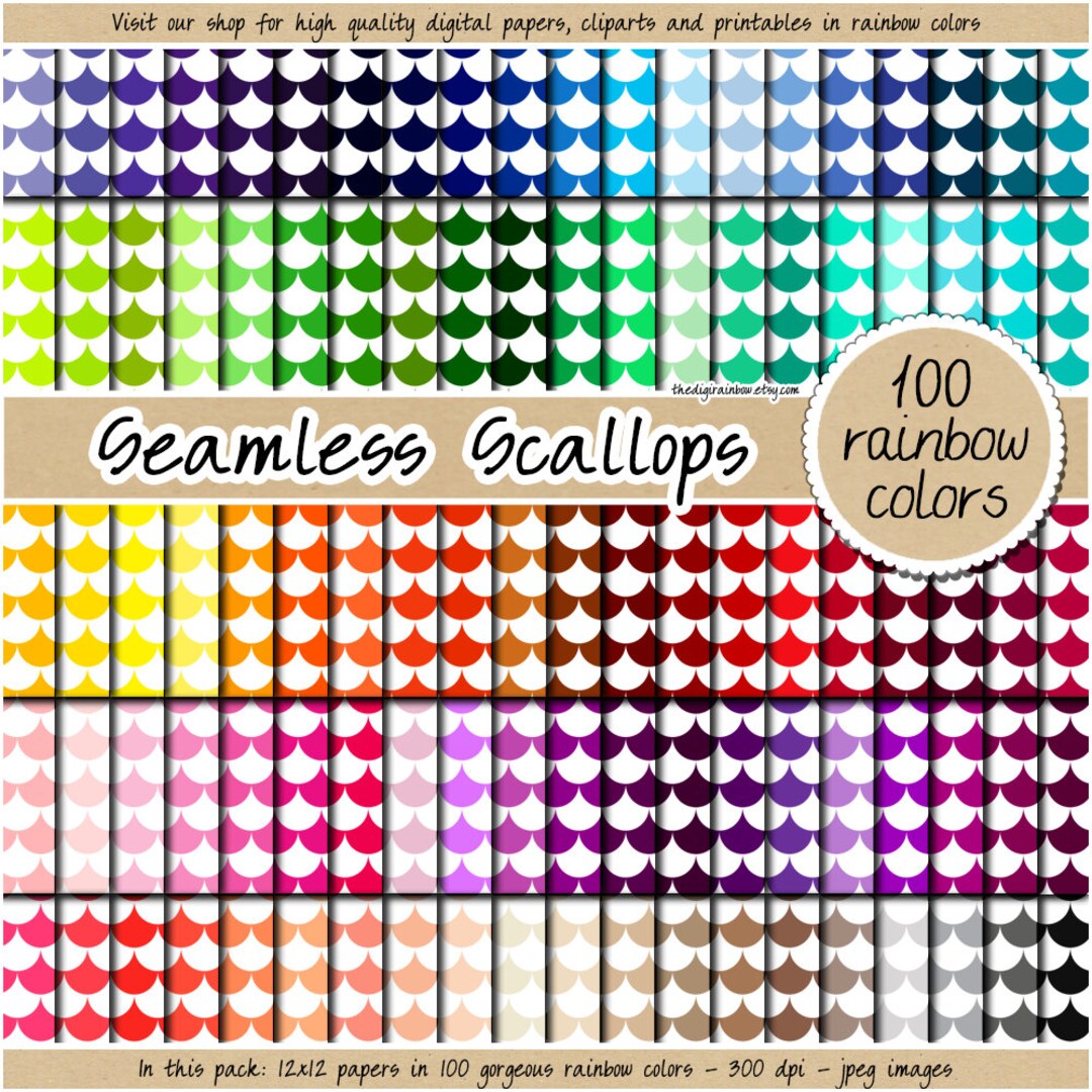 100 SEAMLESS Scallop Digital Paper Fish Scale Pattern Rainbow Mermaid ...