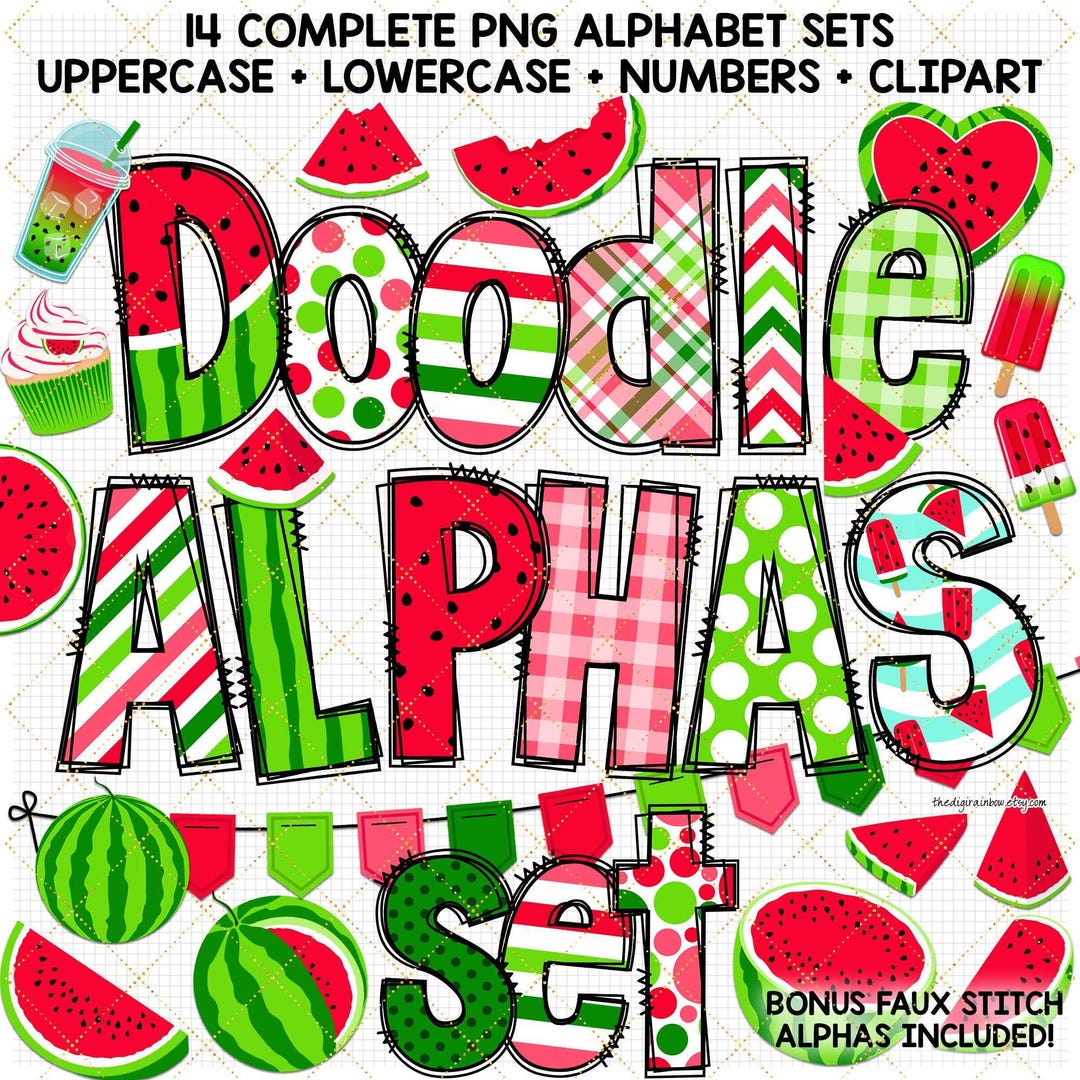 Watermelon Doodle Alphabet PNG Bundle Summer Sublimation Design Fruit ...