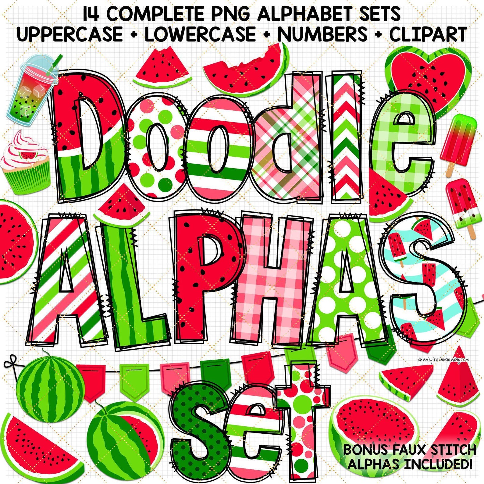 Watermelon Doodle Alphabet PNG Bundle Summer Sublimation Design Fruit ...