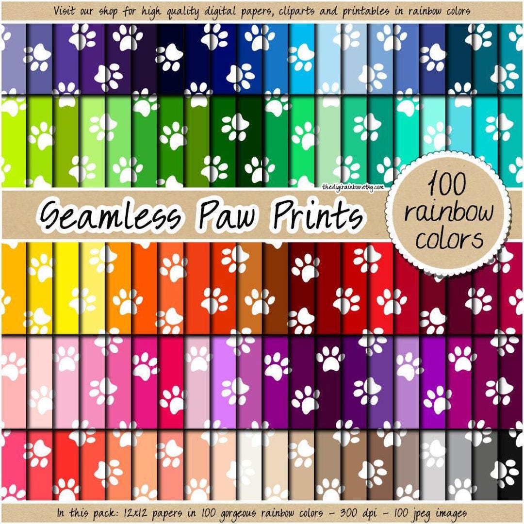 100 Seamless Paw Print Digital Paper Rainbow Digital Paper Paw Pattern ...