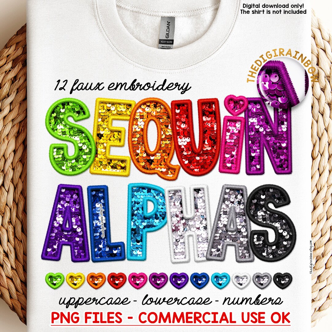 Sequin Alphabet PNG Bundle, Faux Embroidery Sublimation Design, Rainbow ...